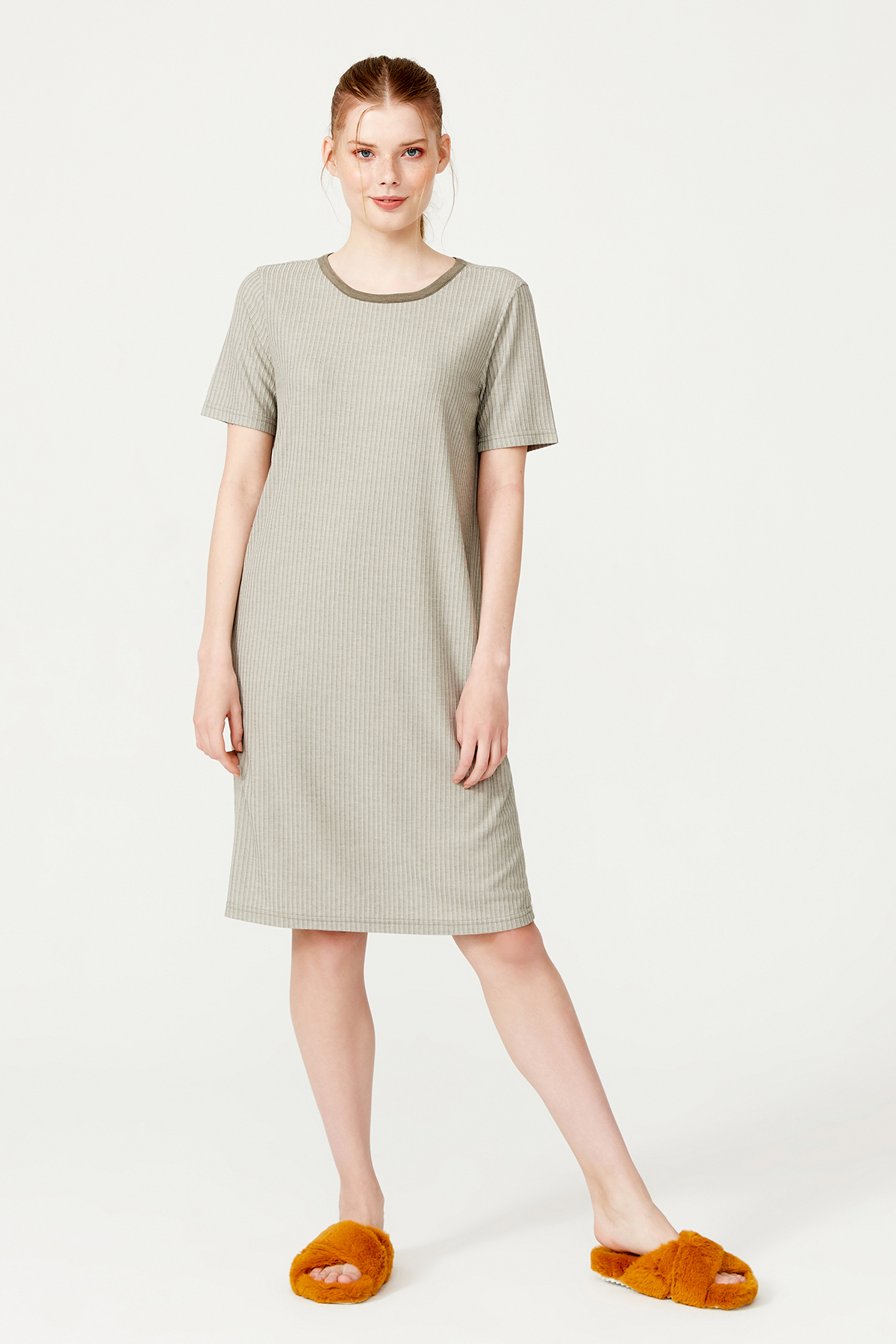 Kadın Kısa Kollu Pamuklu Gecelik - 45199 Haki Çizgili