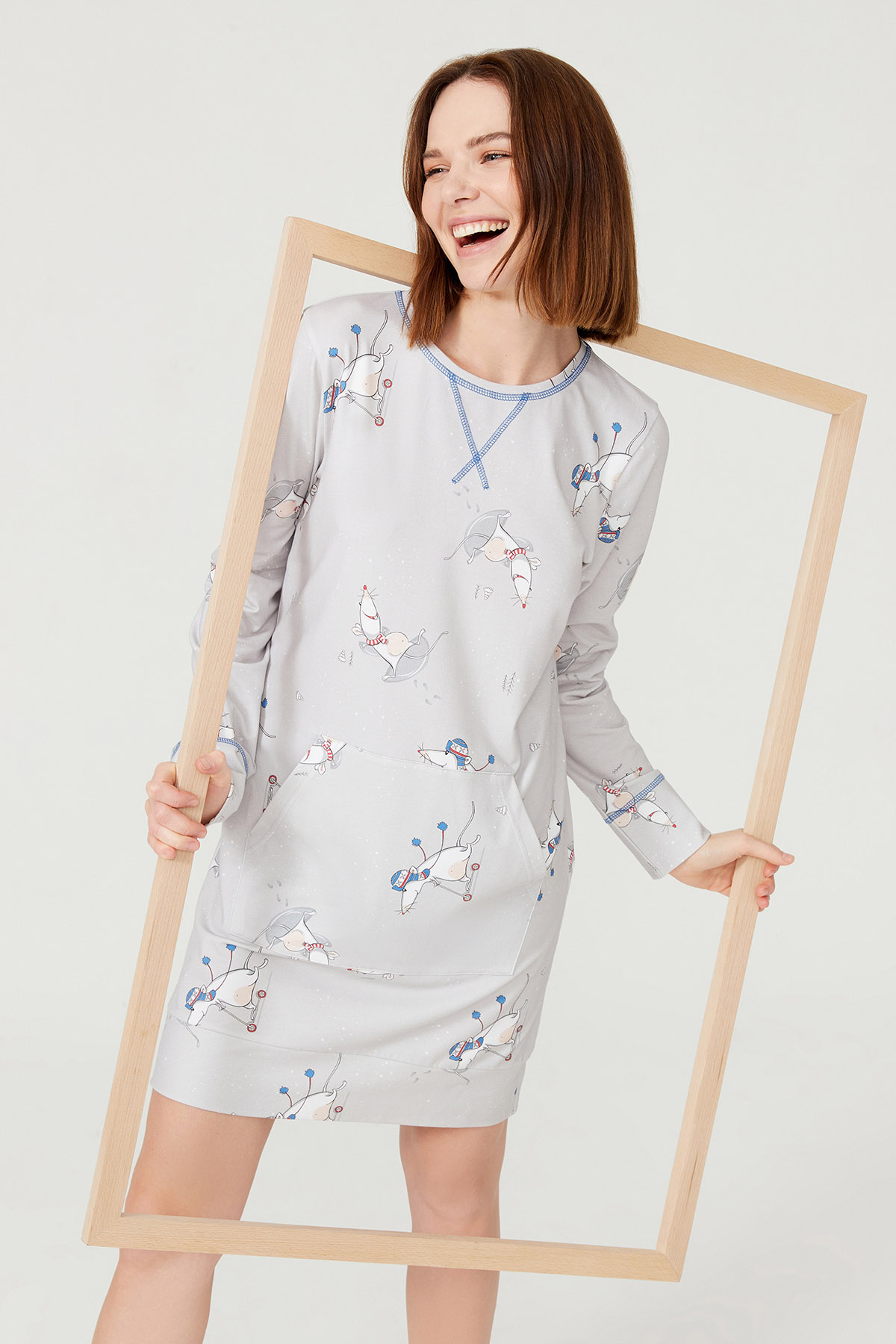 Kadın Fare Baskılı Uzun Kollu Pamuklu Gecelik - 45977 Mavi Baskılı ...