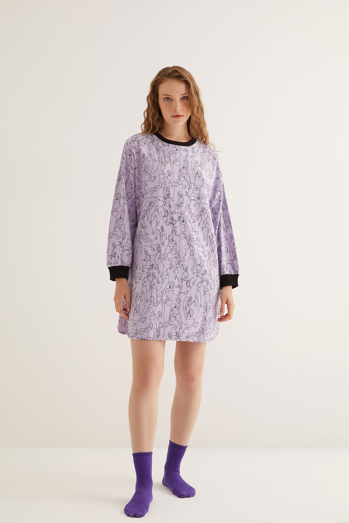 Kadın Pamuklu Oversize Yırtmaçlı Uzun Kollu Gecelik - 25209 Lila Baskılı