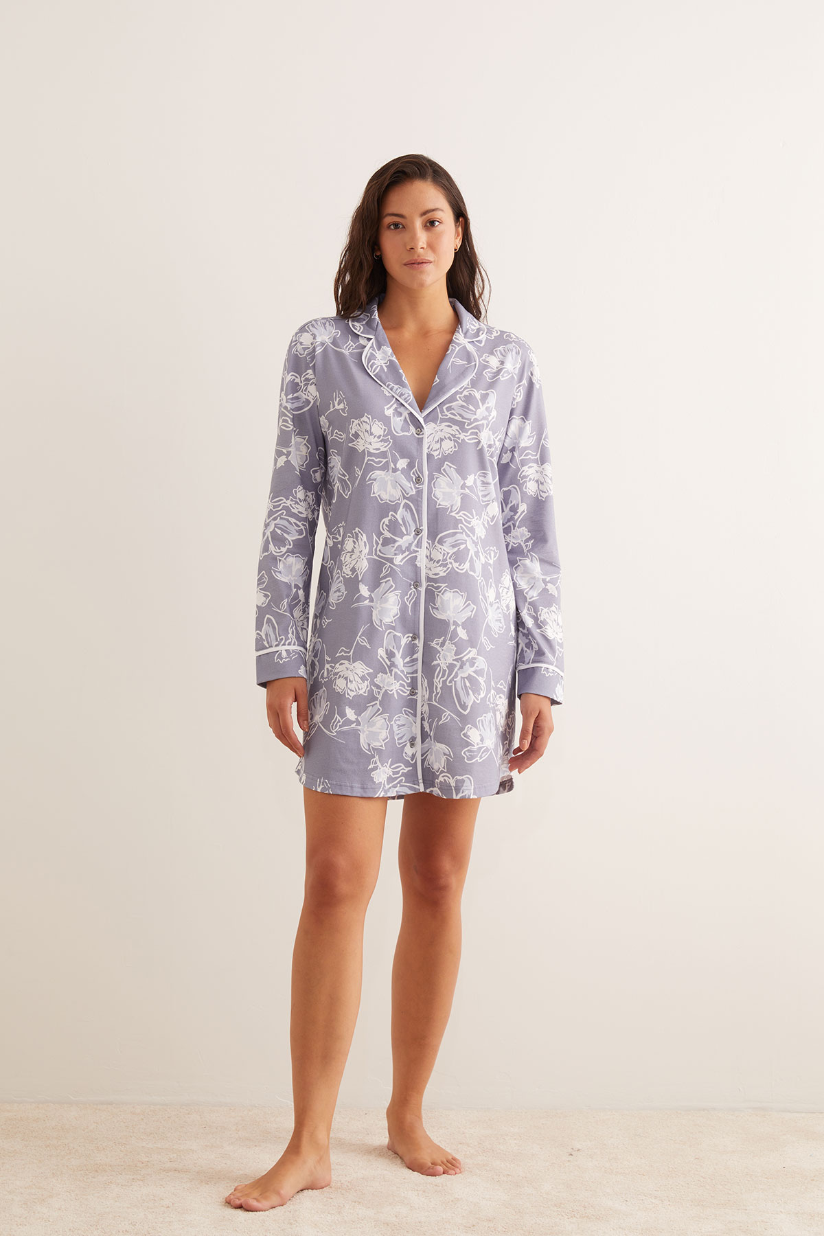 Kadın Pamuklu Uzun Kollu Gömlek Gecelik - 25277 Gri Baskılı