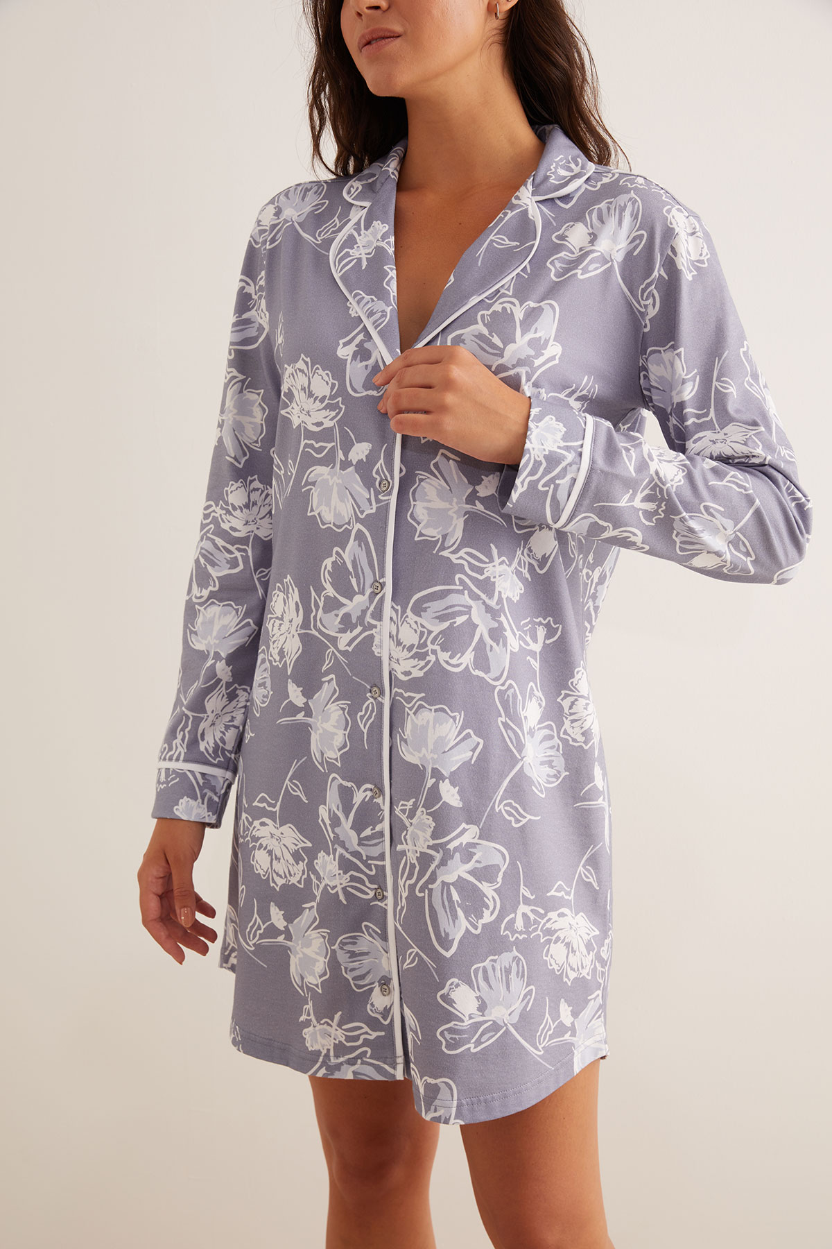 Kadın Pamuklu Uzun Kollu Gömlek Gecelik - 25277 Gri Baskılı