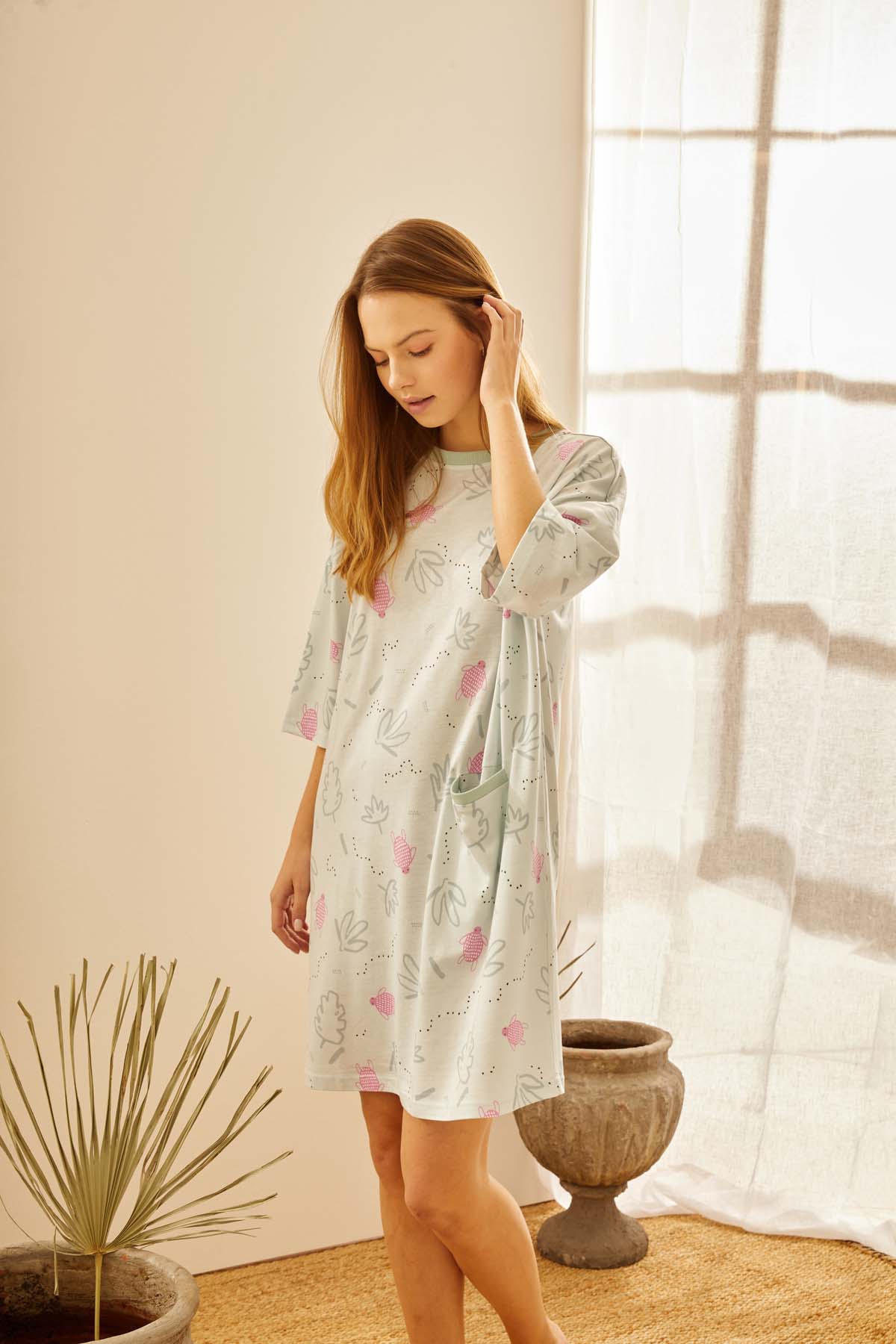 Kadın Pamuklu Kisa Kollu Oversize Gecelik - 32199 Yeşil Baskılı