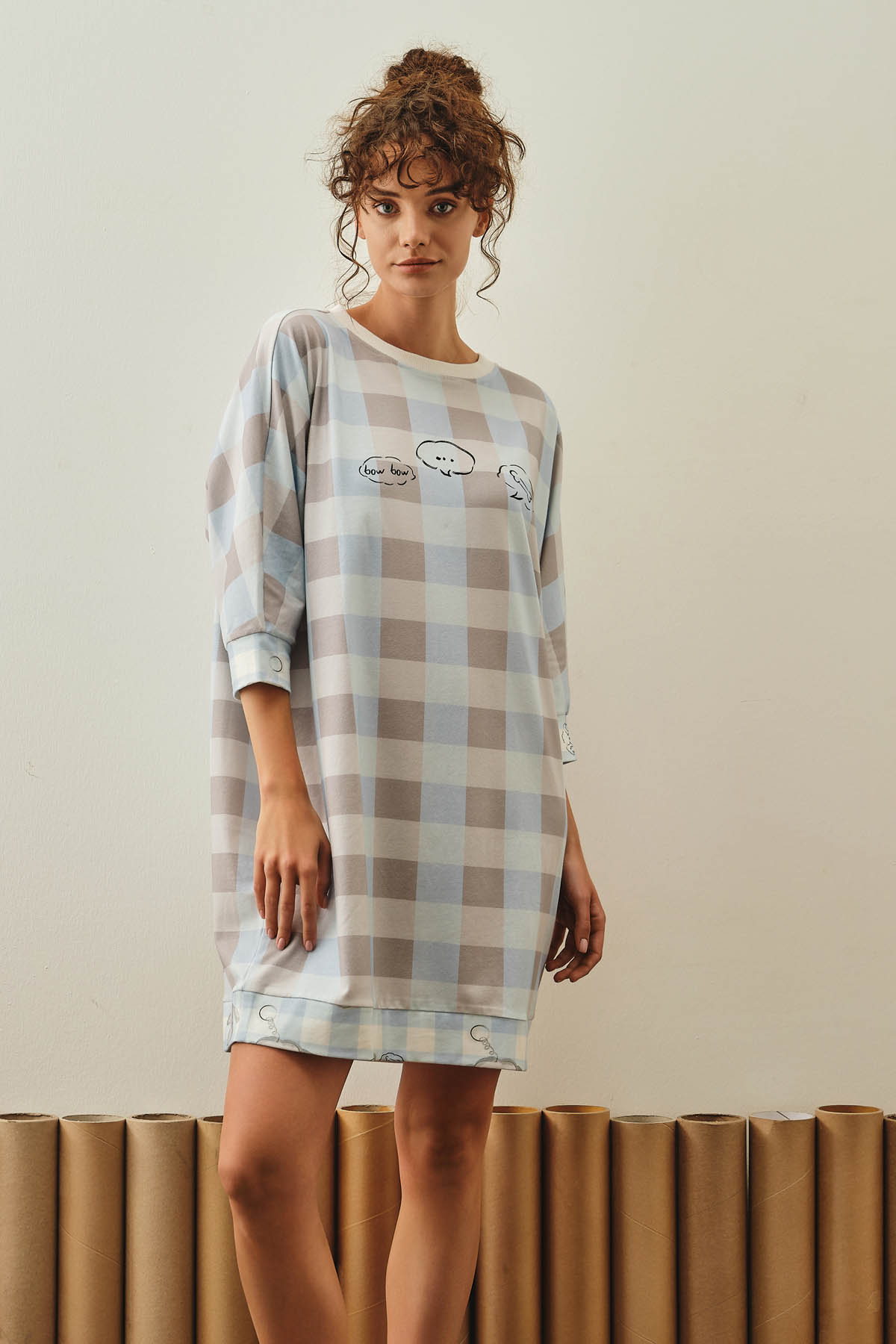 Kadın Pamuklu Oversize Gecelik - 27167 Mavi Ekose Desenli | Rahat ve ...