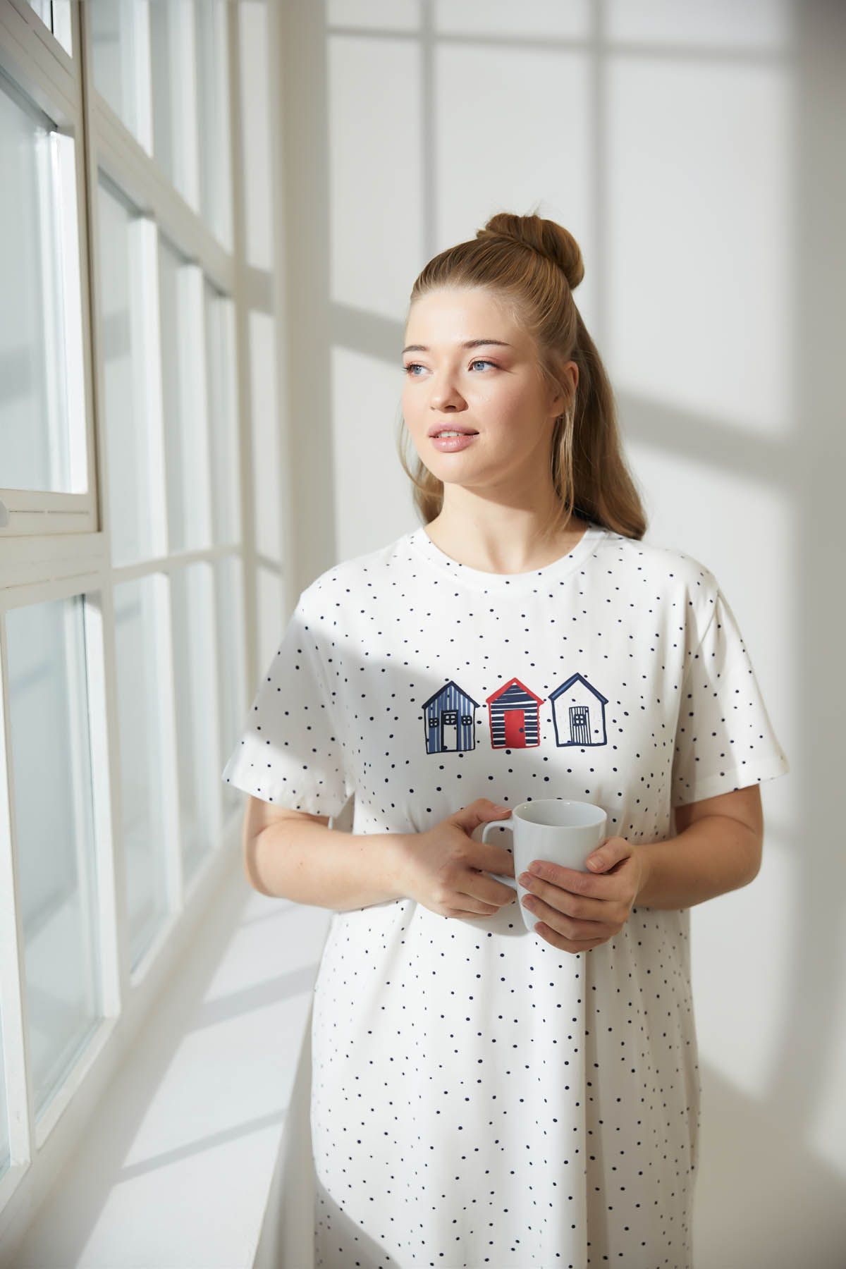 Kadın Plus Size Pamuklu Kısa Kollu Gecelik - 36478 Lacivert Puantiyeli